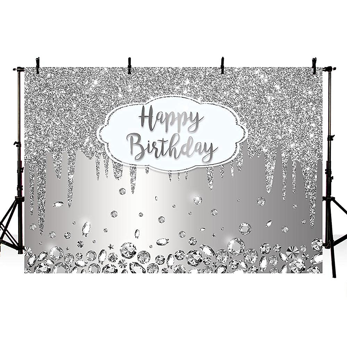 ABLIN 7x5ft Happy Birthday Backdrop Dripping Glitter Crystal Diamond Silver Photo Background Girls Women Bday Party Decorations Cake Table Banner Wall Decor Props