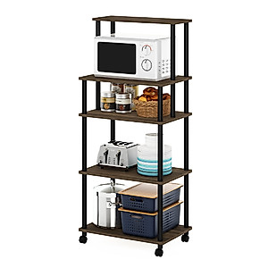 Furinno Turn-N-Tube 5-Tier Toolless Kitchen Storage Cart with Lockable Wheels, Columbia Walnut/Black