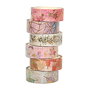 YUBBAEX Floral Gold Washi Tape Set 6 Rolls VSCO Foil Masking Tape Decorative for Arts, DIY Crafts, Journal Supplies, Planners, Scrapbook, Card/Gift Wrapping -15mm- (Romantic Flowers)