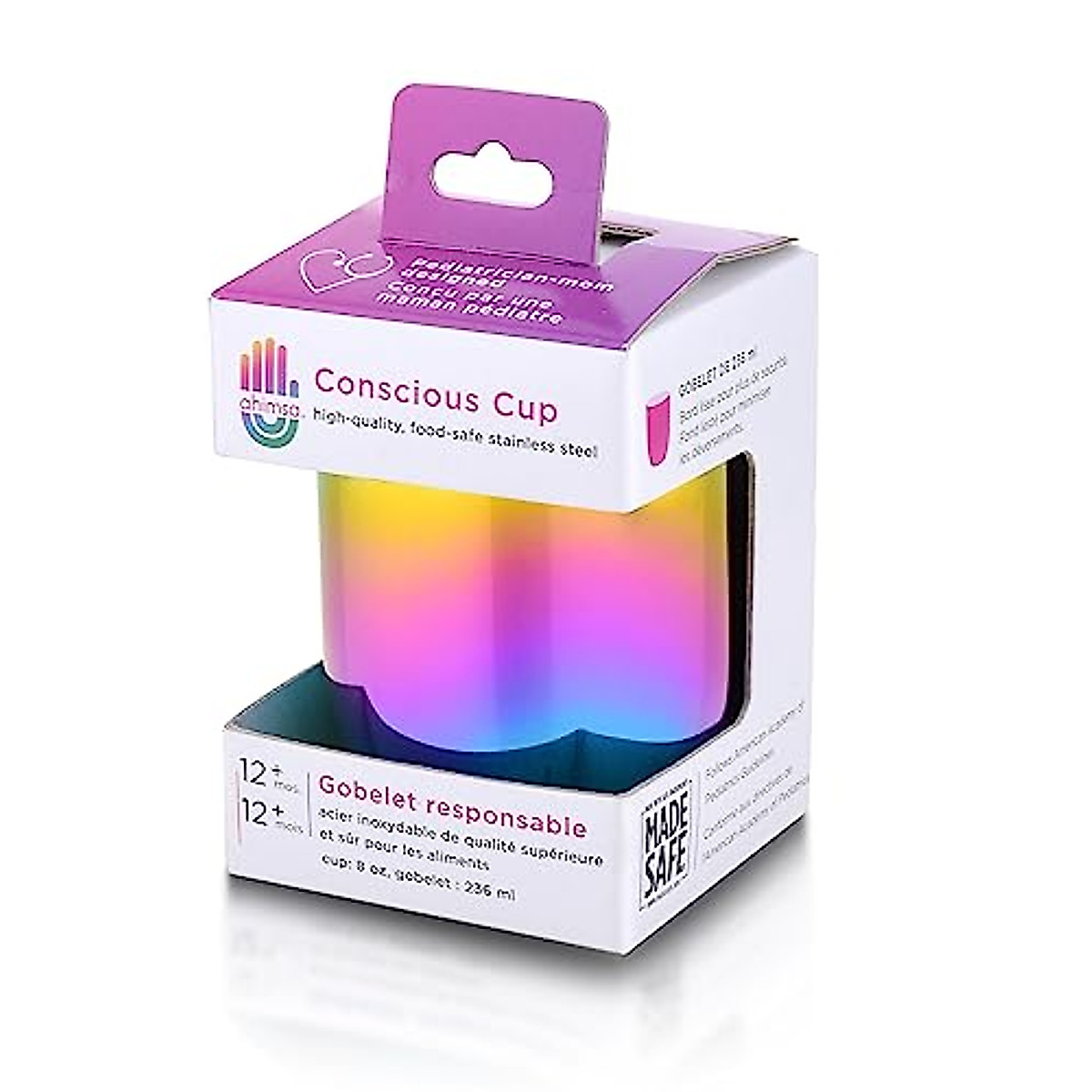 Ahimsa Stainless Steel Concious Cup | 8 Ounce Cup | Toddler Dishware | No Plastic | 100% BPA Free | Dishwasher Safe (Rainbow)