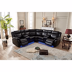 Elountik Symmetrical Power Reclining Sectional Sofa with LED Strip, Storage Console, Cup Holders with Built-in USB Charging Port; Home Theater Power Reclining Sofa Couch (Power Reclining Black)