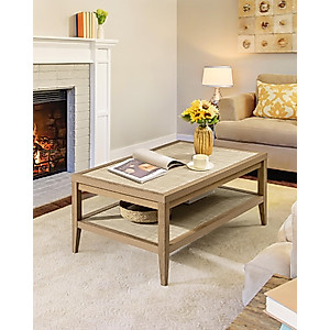 SICOTAS Rattan Coffee Table for Living Room - Boho Rectangle Center Coffee Tables with 2-Tier Rattan Storage Shelves - Accent Sofa Side Table for Small Space