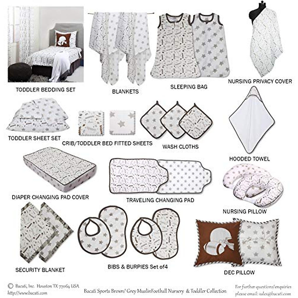 Bacati Football Brown/Grey Muslin Quilted Changing Pad Cover