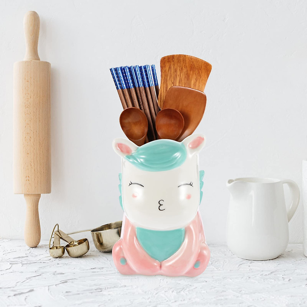 Angoily Utensil Crock Ceramic Kitchen Utensil Holder for Countertop Large Kitchen Tool Organizer Cutlery Caddy Unicorn