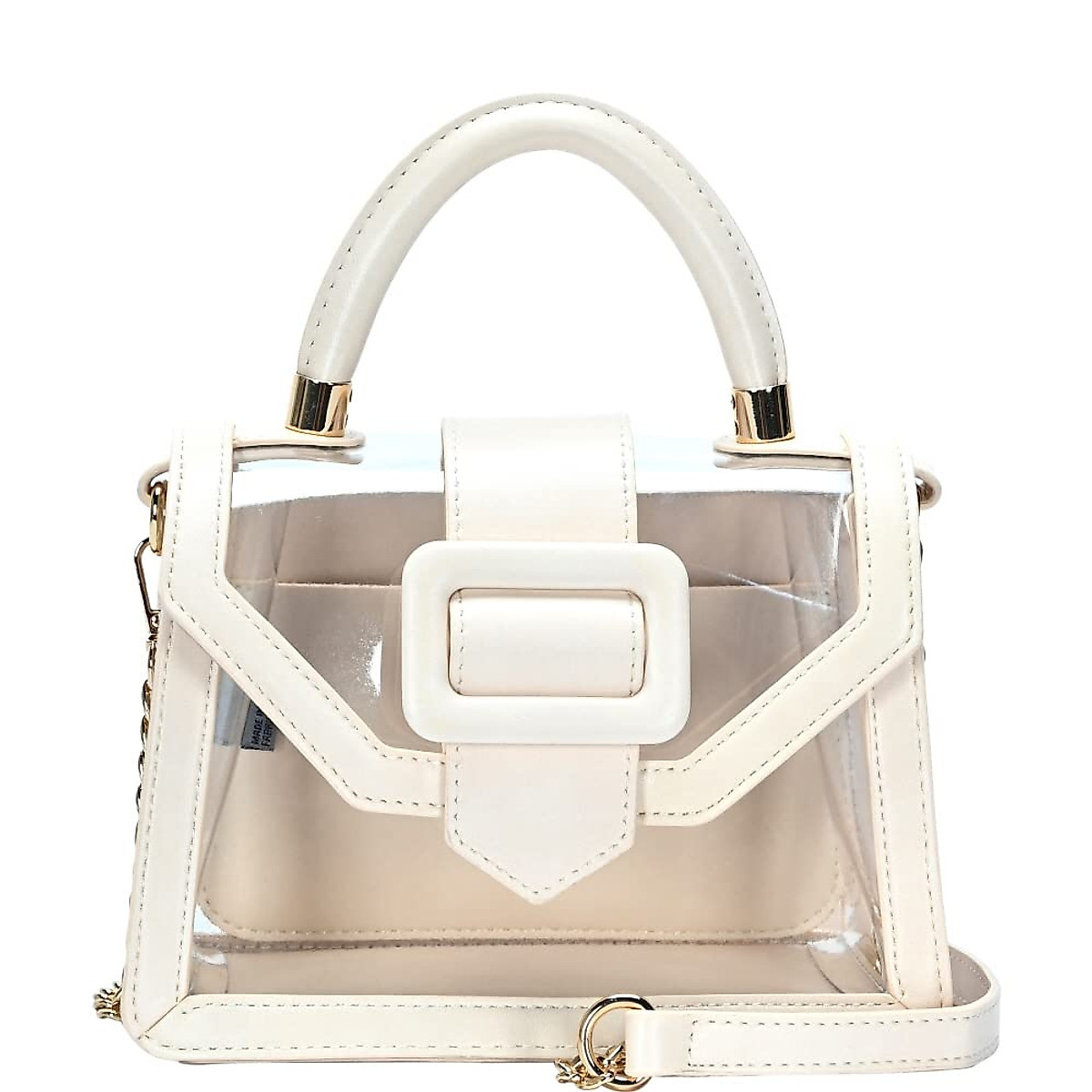 Womens Vegan Leather Classy Top-Handle Medium Flap Clear Transparent Satchel Handbag Purse Crossbody Bag (Cream)