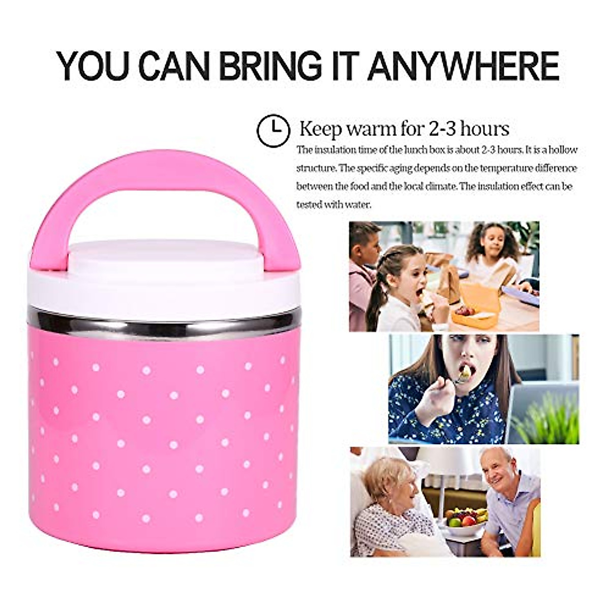 Insulated Lunch Box, 600ml Thermal Thermos Lunch Box Insulation Hot Food Container, Stainless Steel, Storage Lunch, Container, Canteen, Double Walled, Portable Food Bowl (Pink)