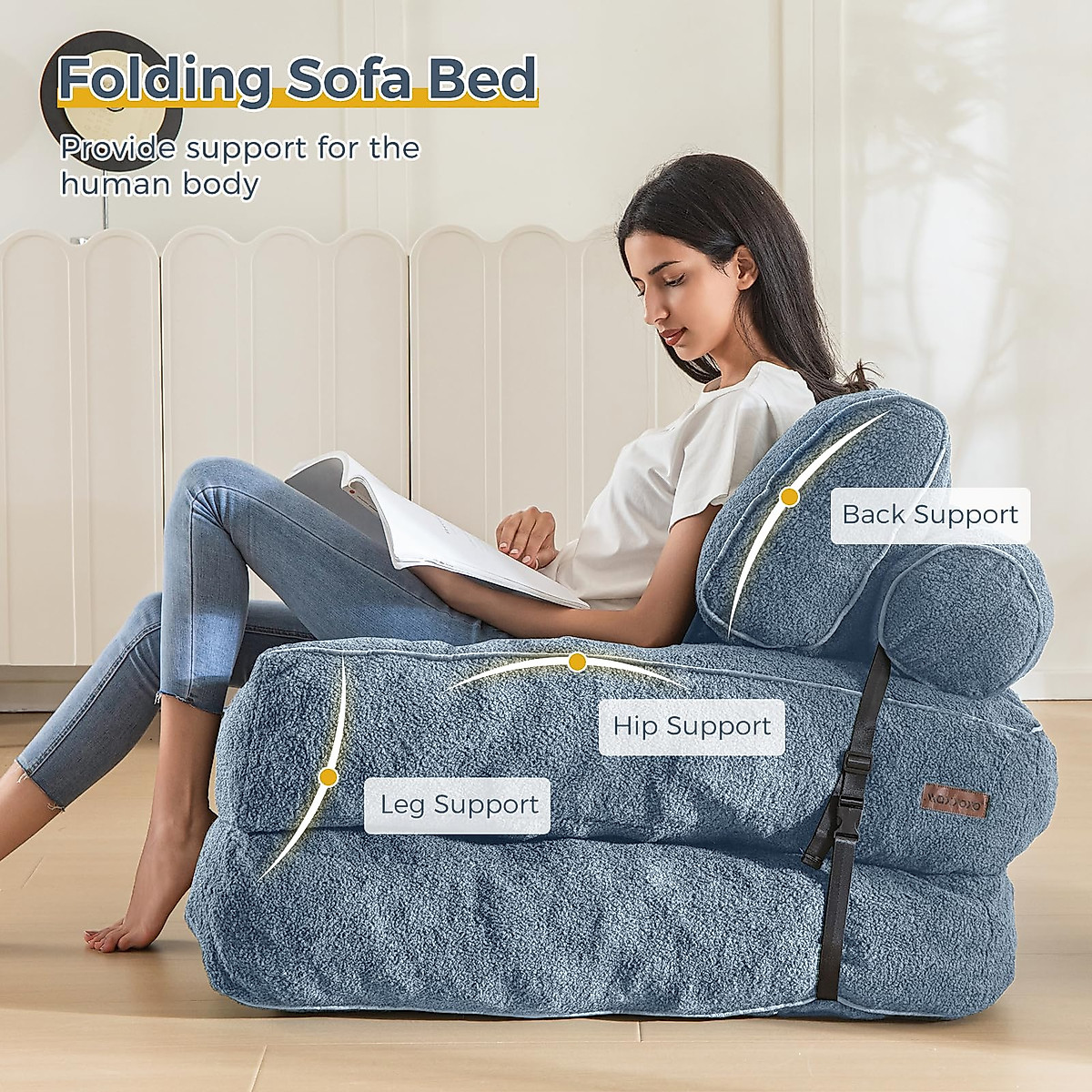 MAXYOYO Folding Sofa Bed, Convertible Sleeper Chair with Pillow Foldable Mattress with Back Support, Portable Fold Out Sofa Couch Fuzzy Fabric Comfy Floor Sofa Lounge for Living Room, Dusty Blue