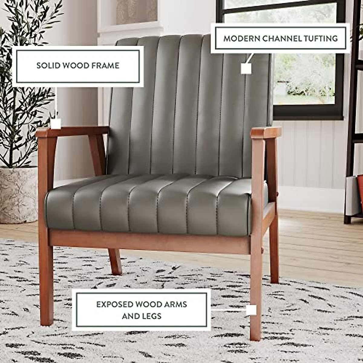 Edenbrook Carlton Exposed Wooden Arm Accent Chair for Living Room-Real Wood-Modern Channeled Tufting, Gray