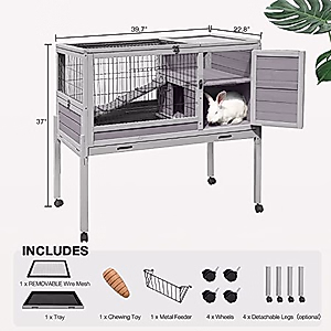 MEDEHOO Rabbit Hutch with Wheels Indoor Outdoor Guinea Pig Cage with 3 Access Doors, Pull-Out Tray, Removable Wire Mesh and UV Proof Panel(39.7 Inch)