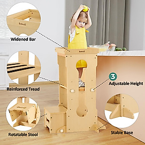 Bateso Toddler Standing Tower, Adjustable Height Toddler Kitchen Stool Helper for Kids 1-6, Toddler Kitchen Step Stool with 2 Detachable Nets, Wooden Montessori Toddler Tower for Kitchen Counter