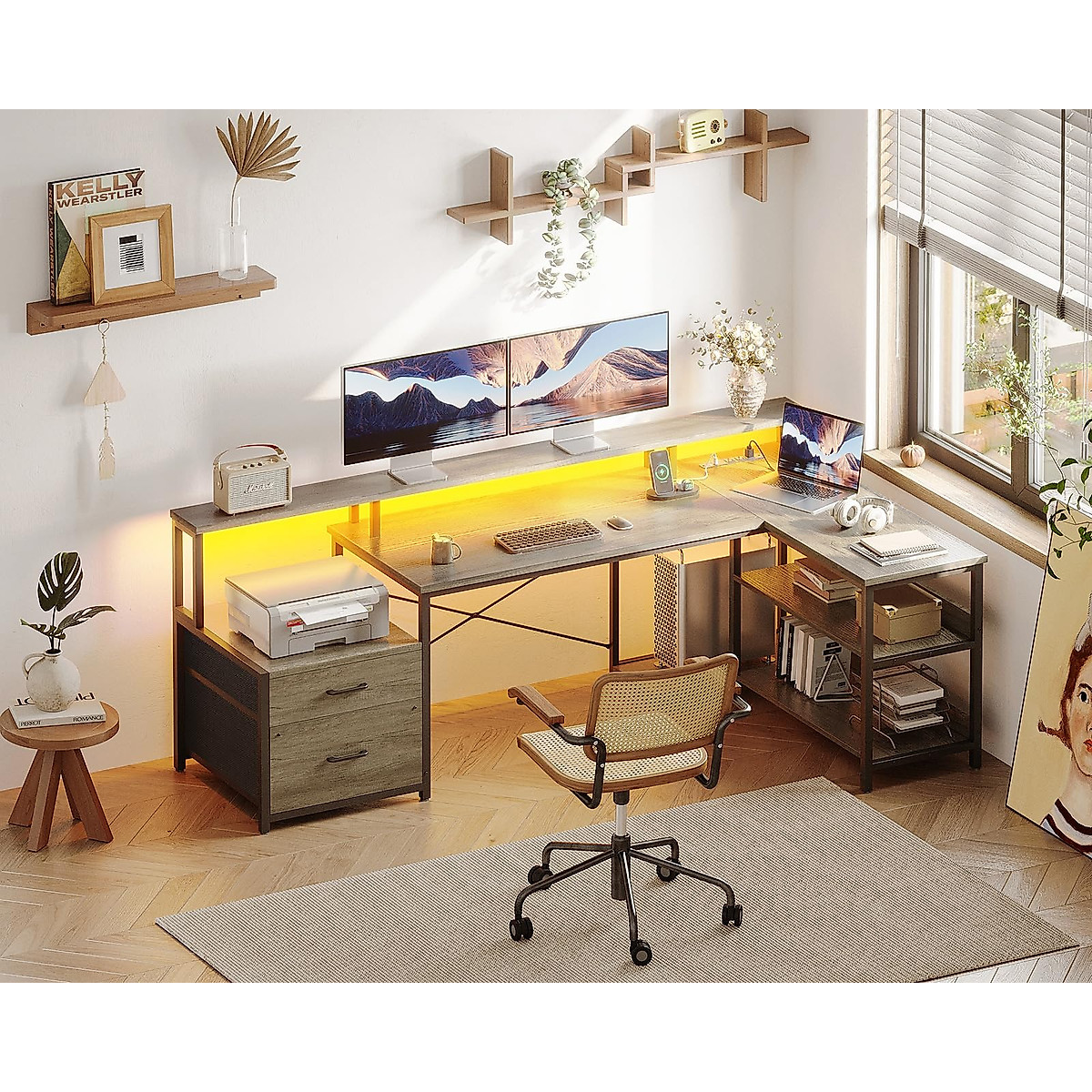 ODK L Shaped Desk with File Drawer, 66" Reversible L Shaped Computer Desk with Power Outlet & LED Strip, Office Desk with Storage Shelves, Gaming Desk with Monitor Shelf, Corner Desk, Grey Oak