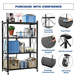 Lifetime Home 4-Tier Foldable Storage Shelf with Wheels - Metal Collapsible Shelving Unit Display, Rolling Cart for Books Kitchen Storage Shelves, Pantry & Closet Organizer, Office Room Decor - Black