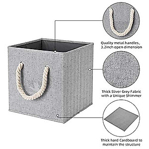 Robuy Set of 4 Gray Foldable Fabric Cube Storage Bins with Cotton Rope Handle, Collapsible Resistant Drawer Shelf Basket Box Organizer for Shelves Size (10.5x10.5 x11 inch)