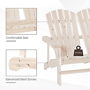 Outsunny 2 Person Adirondack Loveseat, Fire Pit Chair for 2, Wooden Double Adirondack for Patio, Porch, Backyard, Garden with High-Back, Wide Armrests, Natural