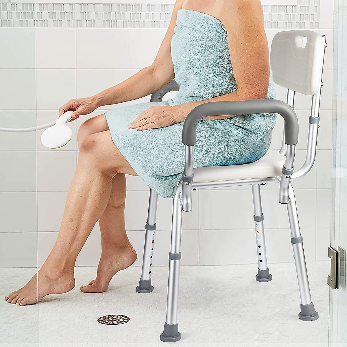 IDEALHOUSE Shower Seat, Adjustable Height Shower Chair, with Padded Armrests and Back, Inside Shower Seat Support 350 Lb Capacity, Slip Resistant Shower Seat for Bathtub