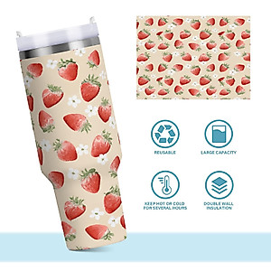 Jihqo Watercolor Strawberry White Floral 40 oz Stainless Steel Vacuum Insulated Tumbler with Handle and Straw Lid, Leakproof Water Bottle Double Wall Travel Mug Coffee Cup, Cupholder Friendly