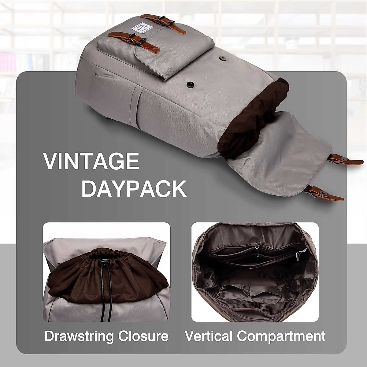 VASCHY Laptop Backpack for Men, Water Resistant Bookbag College Rucksack Daypack for 15.6in Laptop Gray