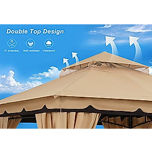 ABCCANOPY 10'x12' Outdoor Gazebo, Double Roof Patio Gazebo with Shade Curtains, Beige