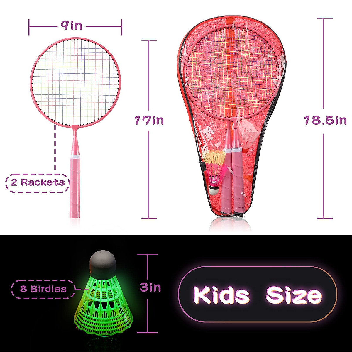 2 Pairs Badminton Rackets Set for Children Kid Shuttlecocks Sports Nylon Alloy Badminton Racquet Set with 8 LED Badminton Birdies, 6 Non Luminous Badminton Birdies and 2 Carrying Bags,Night Pink Blue