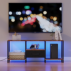 JARHETUN TV Stand with LED Lights, Entertainment Center with Open Shelves and Fabric Drawer, Media Console for 55 Inch TV, Television Stands, Living Room Furniture, Bedroom, Rustic Brown