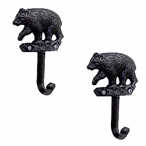 BestGiftEver Decorative Wall Coat Hooks Set of 2 with Black Bear in The Forest Accent - Rustic Cast Iron Animal Wall Mounted Hooks for Cabin Lodge - Ideal for Wildlife and Woodland Theme Enthusiasts