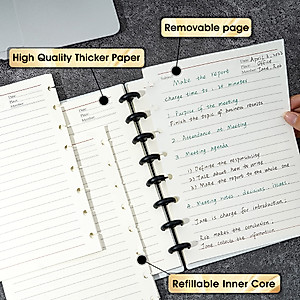 Discbound Notebook Customizable Spiral Journal Refillable 5 Subject Notebook with Removable Pages 120 Wide Ruled Disc Planner with 6 Binder Dividers & 16 Tabs for Work Meeting School, Rose Gold
