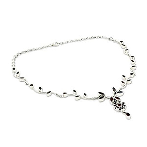 NOVICA Artisan Handmade Garnet Flower Necklace Floral Jewelry Sterling Silver Red Pendant India Birthstone Romantic [14.25 in min L x 17.25 in max L x 0.4 in W Pendant(s) 1.7 in L x 0.5 in W x 0.2 I]