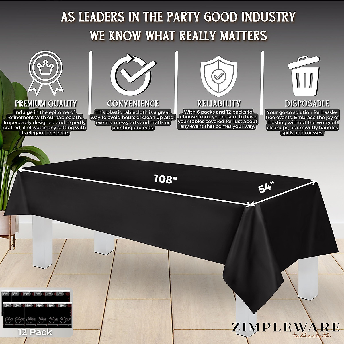 ZIMPLEWARE Premium Black Plastic Table Cloth Disposable (12 Pk) Plastic Tablecloths for Rectangle Tables (54in x 108in) Party Table Cloths Disposable for 6ft to 8ft Rectangle Tables