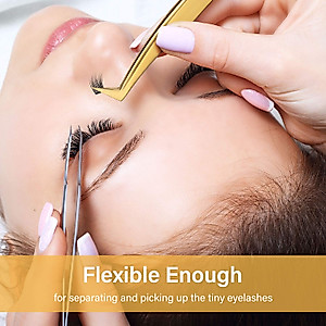 3 Pieces Volume Tweezers Eyelash Extension Tweezers Curved 6A Tip False Lash Tweezers Stainless Steel Precision Tweezers for Individual and 3D 6d Volume Eyelash Extension (Gold)