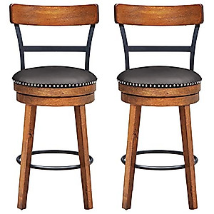 COSTWAY Bar Stools Set of 2, 360-Degree Swivel Stools with Leather Padded Seat, Single Slat Ladder Back & Solid Rubber Wood Legs, Counter Height Stools for Pub, Restaurant, Kitchen, Brown (2, 25.5)
