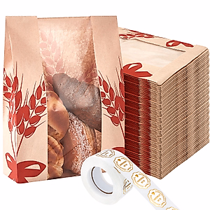 200 Pcs Kraft Paper Bread Loaf Bag with Clear Window Large Paper Bread Bags for Homemade Bread Food Packaging Storage Bakery Bag and 500 Pcs Stickers for Sourdough Popcorn Cookies, 14 x 8.3 x 3.2 In