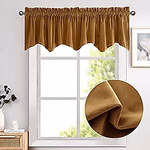 Lazzzy Gold Velvet Valance Blackout Thermal Insulated Scalloped Valance Small Short Wave-Shaped Window Curtain for Bedroom Living Room 18 Inch Curtain Valance Rod Pocket 1 Panel Gold Brown