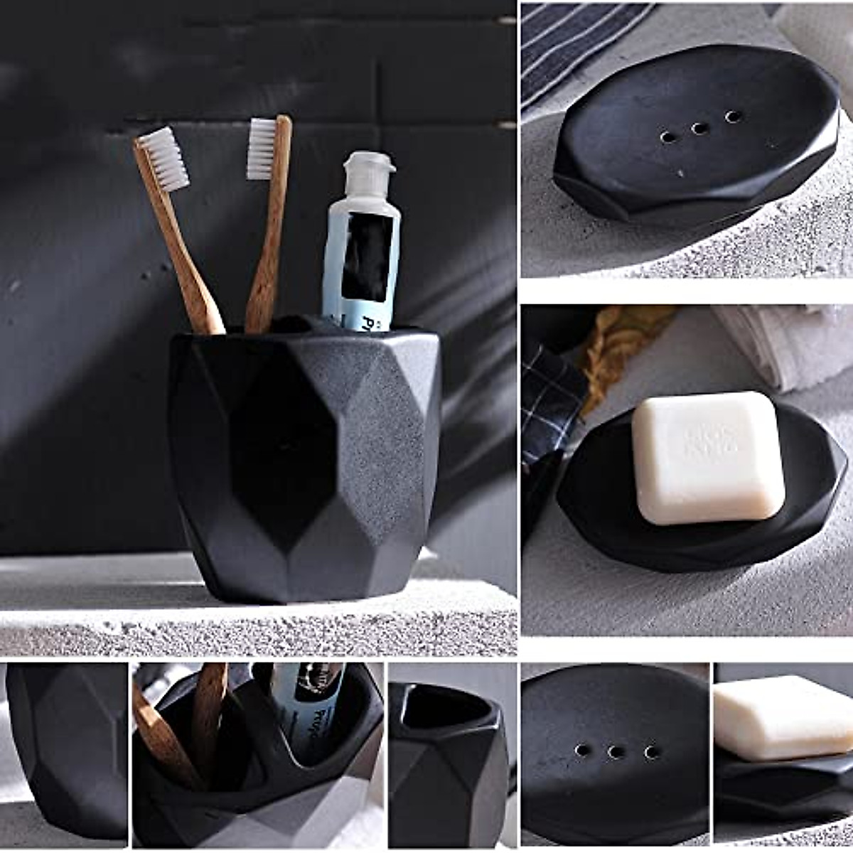 JINYISI Bathroom Accessory Set,5 Piece Ceramic Bathroom Accessories Set,Toothbrush Holder Set,Bathroom Sets Accessories (Black/White)