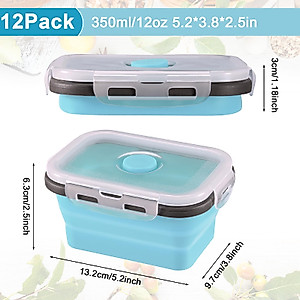 Mifoci 12 Pcs 12 oz Silicone Collapsible Food Storage Containers Bulk Rectangle Collapsible Meal Prep Container Collapsible Bowl with Clear Lids Vent, Freezer, Microwave Dishwasher Safe (Gray Blue)