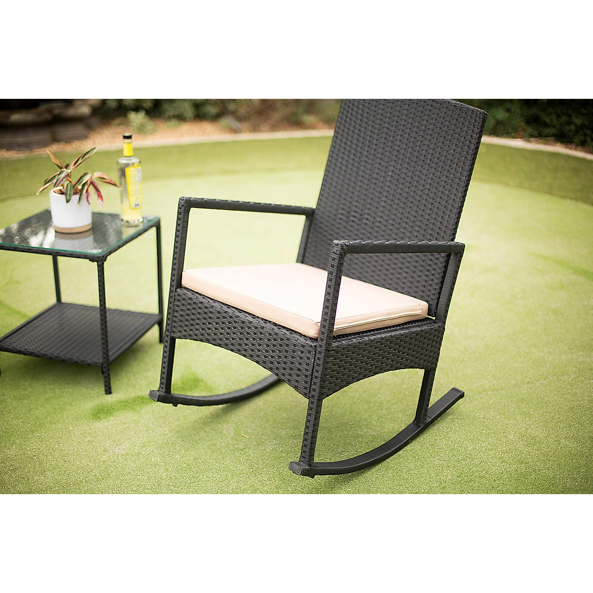 Barton 3 Pieces High Back Rocking Chair Set w/Glass Table Black Outdoor Patio Furniture Wicker Rattan Modern Conversation Chat Seating