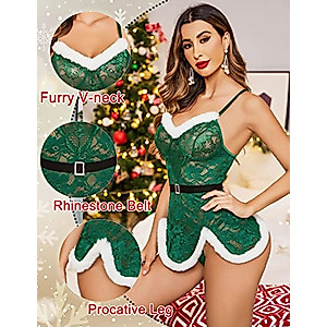 Avidlove Christmas Babydoll For Women Sexy Santa Sleep Dress Green Lingerie Nightwear Lace Chemise (Green, Medium)