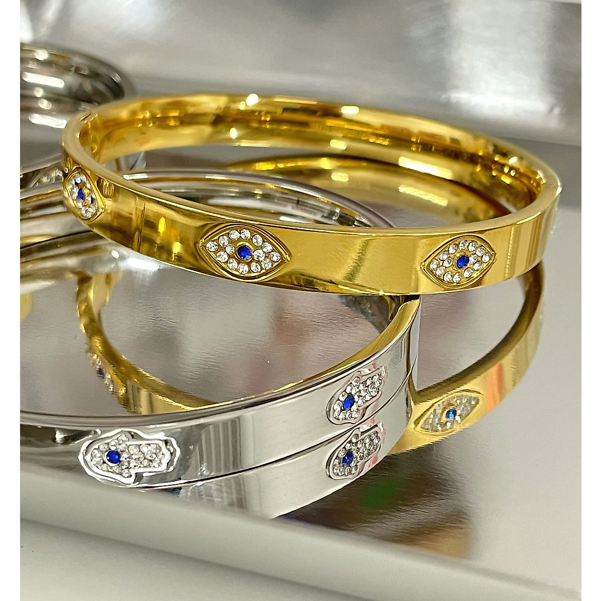 My Daily Styles Stainless Steel White Blue CZ Hamsa Good Luck Bangle Bracelet, 7.5" (White/Evil Eye)