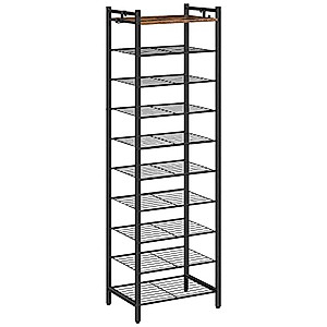 MAHANCRIS 10-Tier Metal Shoe Rack, Narrow Shoe Storage Organizer for Closet Entryway, Hold 9-20 Pairs of Shoes, Tall Skinny Shoe Shelf with 9 Metal Shelves, Easy Assembly, Rustic Brown SRHR1001Z