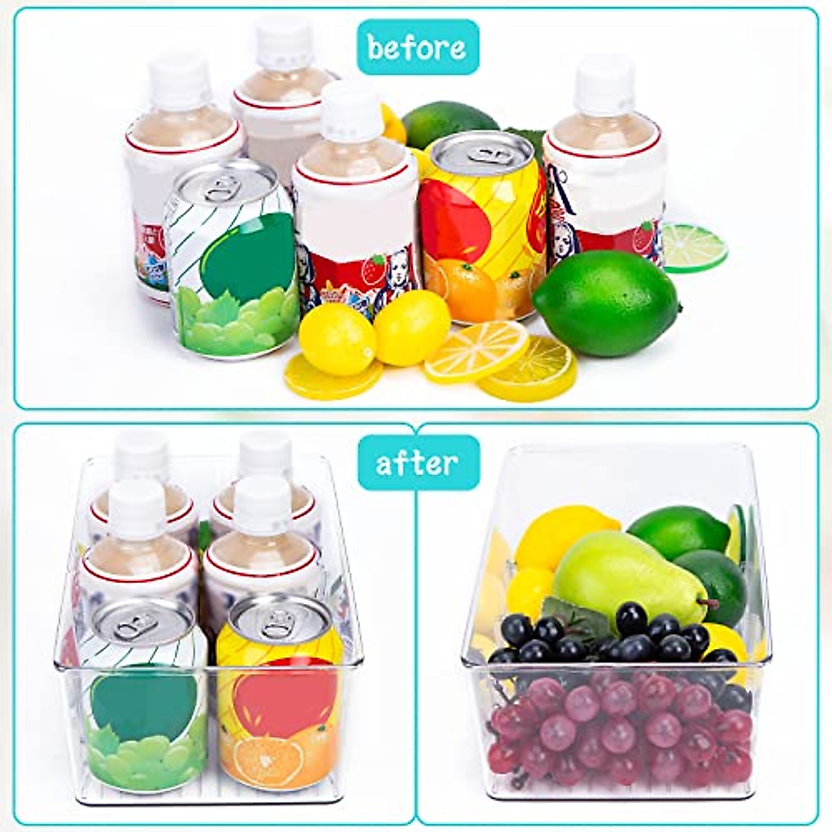 HANSGO Food Storage Organizer Bins, 2PCS Stackable Clear Plastic Organizer Bins with 6 Dividers Removable Pantry Organization and Storage Bins for Cereal Snacks Tea Seasoning