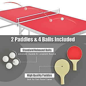 Goplus Foldable Ping Pong Table, 100% Preassembled, Portable Table Tennis Table Game Set with Net, 2 Table Tennis Paddles and Ping Pong Balls for Indoor Outdoor Use (Red-60'')