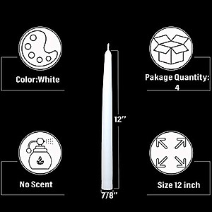 CandleNScent Taper Candles | Tapered Candlesticks - Dripless 12 Inch Unscented | White | 4 Pack