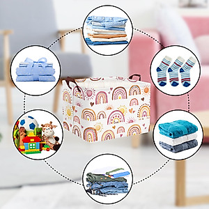 Clastyle Boho Pink Purple Rainbow Storage Baskets Rectangular Sun Heart White Shelf Basket with Handle Clothes Books Toys Storage Bin for Bedroom Kindergarten