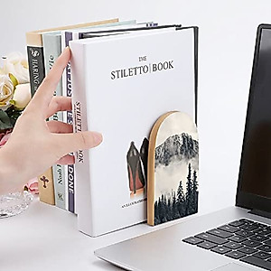 Hon-Lally Forest Tree Foggy Mountain Pattern Wood Bookends Decorative Bookend Non-Skid Office Book Stand for Books Office Files Magazine, One Size