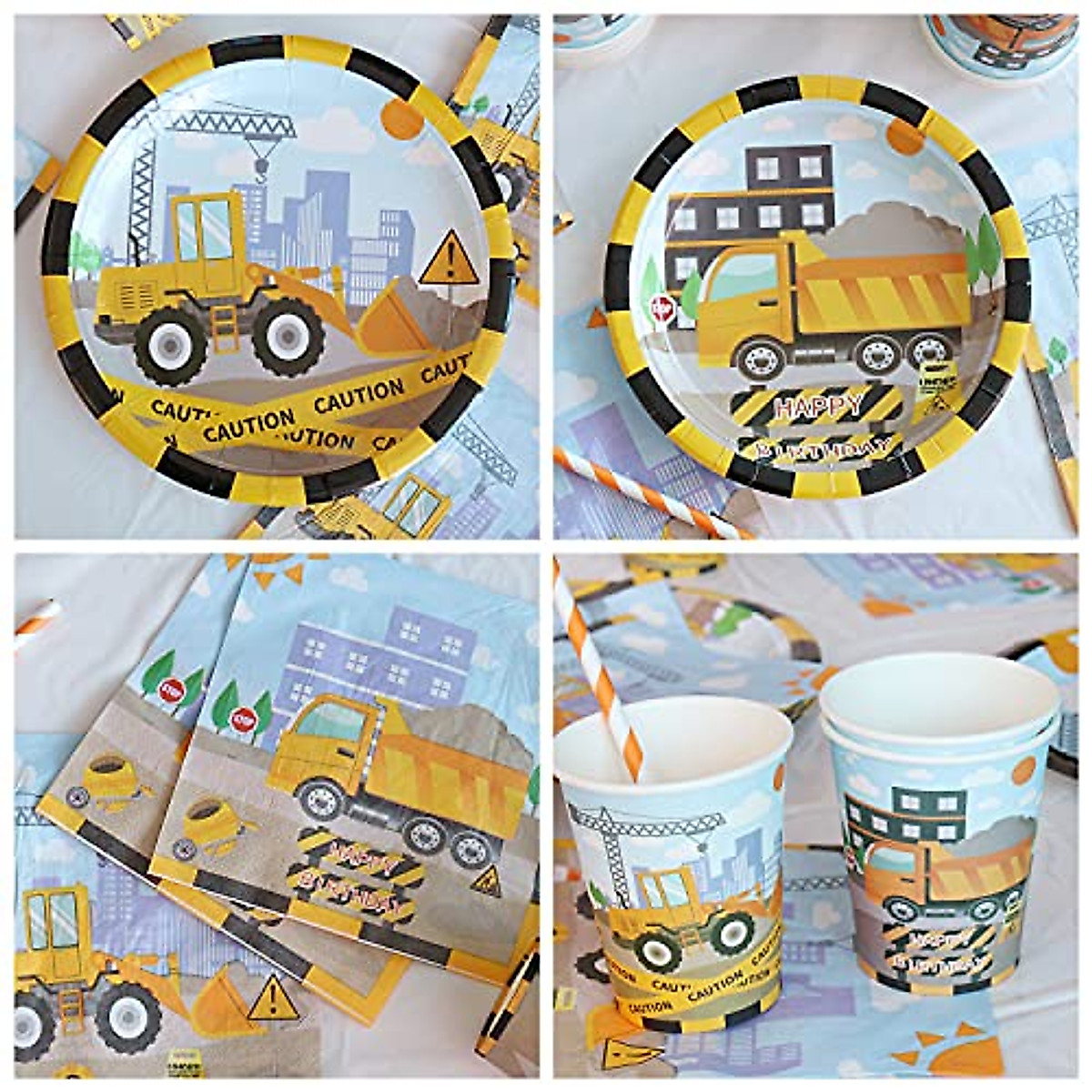 Construction Truck Party Supplies Tableware Set - Dump Truck Banner, Tablecover, Plate, Cups, Napkins, Balloons, Cake Toppers, Foil Balloon, for Party Decorations Kids Birthday Serves 20 Guests