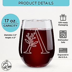 On The Rox Drinks Monogrammed Gifts For Women and Men - Letter A-Z Initial Engraved Monogram Stemless Wine Glass - 17 Oz Personalized Wine Gifts For Women and Men (A)