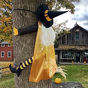 Giiffu 53" Crashing Witch into Tree Halloween Outdoor Decorations, Flying Witch Halloween Outside Decor Tree Front Yard Patio Porch Garden for Kids Home Party Decoration(Orange)