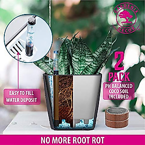 GARDENIX DECOR 5" Self Watering pots for Indoor Plants - Flower Pot with Water Level Indicator for Plants, Grow Tracking Tool - Self Watering Planter Plant Pot – 2 Pack Gray