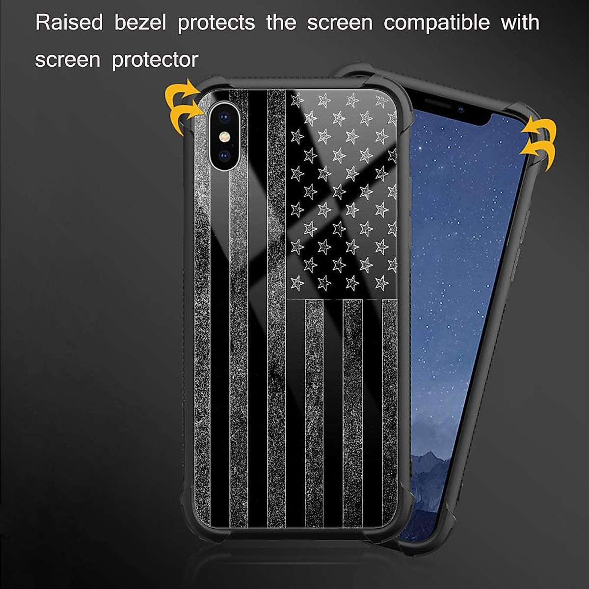 ZHEGAILIAN Case Compatible with iPhone XR Case,Black and White American Flag Case,Tempered Glass Back+Soft Silicone TPU Shock Protective Case for iPhone XR Case.