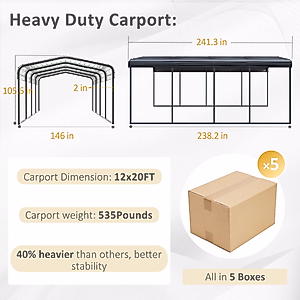 MUPATER Outdoor Carport, 12' x 20' Heavy Duty Canopy for Garage,Car Garage Shelter with Galvanized Metal Roof and Frame for Car, and Boat, Grey