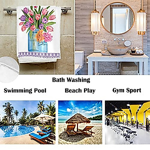 Tulip Daisy Flower Vase Pink Flowers Hand Towels 16x30 in Welcome Spring Summer Floral Farmhouse Bathroom Towel Purple Lace Plaid Small Bath Towel Kitchen Dish Guest Towel Home Bathroom Decorations